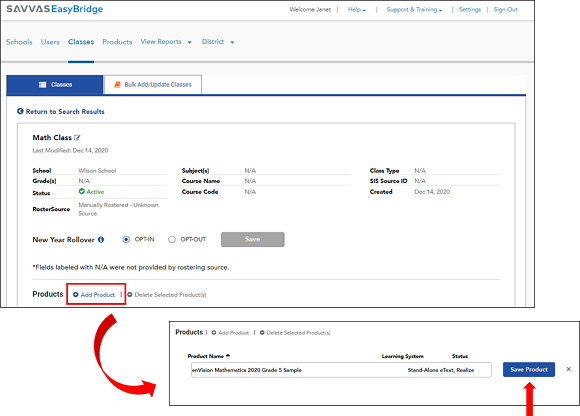 Manage Products on Class Details Page